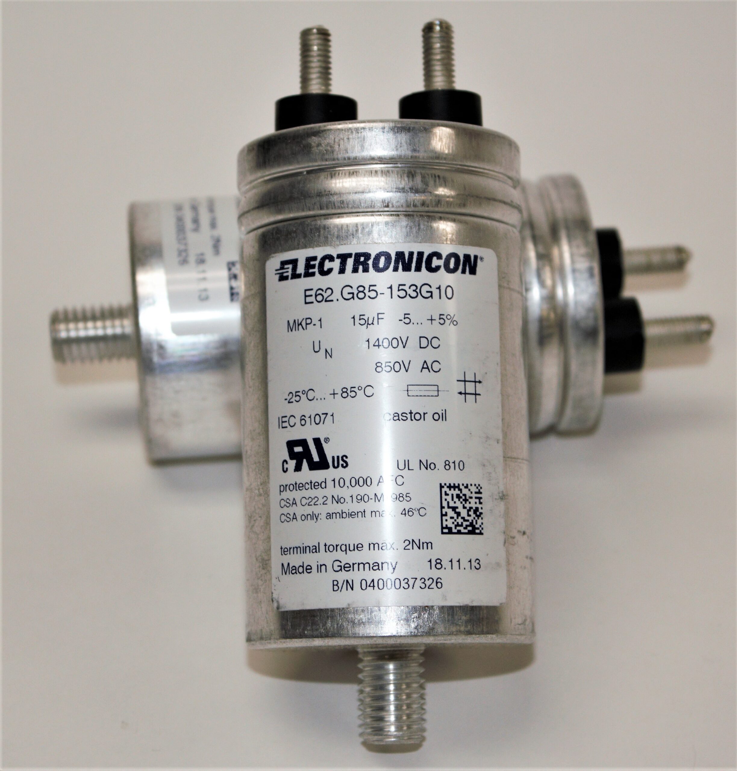 Electronicon E62 G85 153G10 15uF 1400V Dc 850 V Ac UPE Inc Electronicon E62 G85 153G10 15uF 1400V Dc 850 V Ac UPE Inc